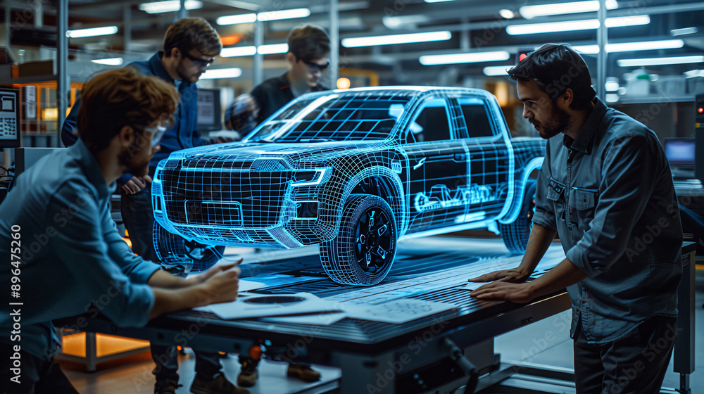Engineers Working on a Holographic 3D Model of a Car Stock Photo ...