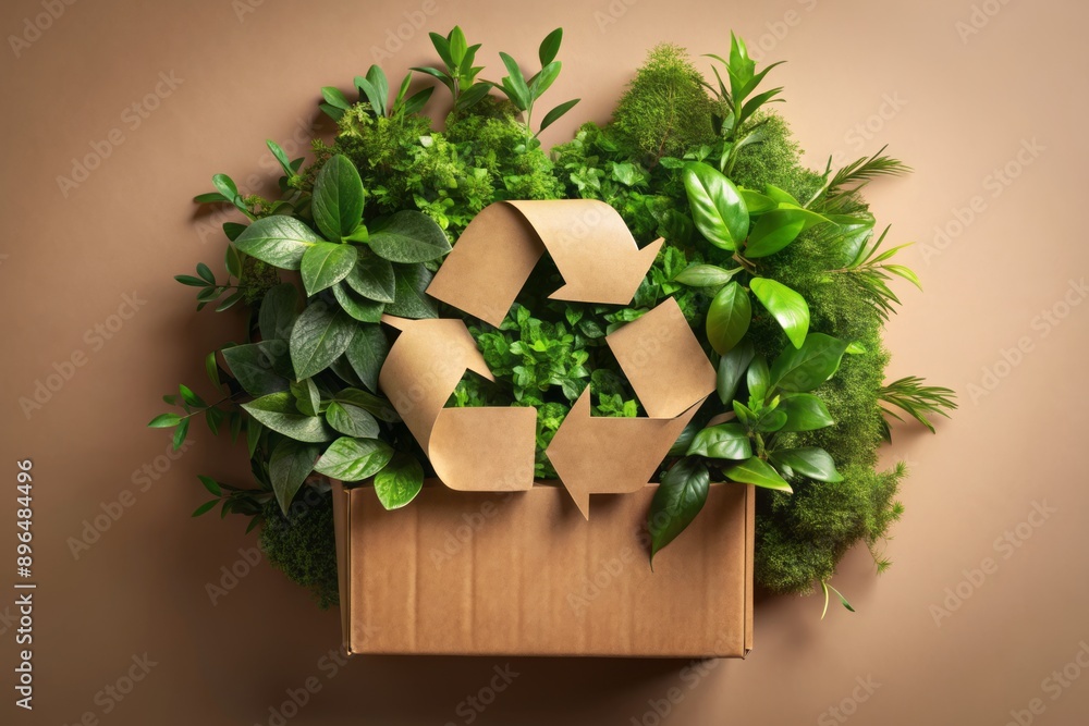 Eco-friendly recycling symbol adorned carton overflowing with lush ...