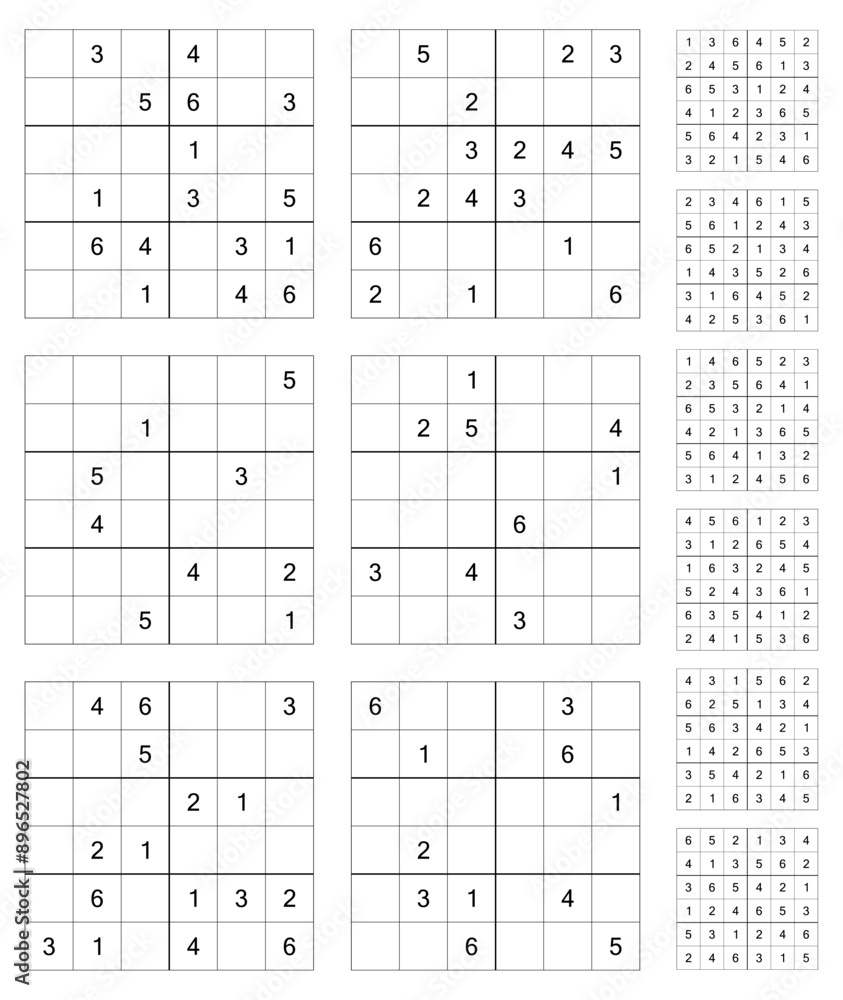6X6 Sudoku game set with answers. Stock Vector | Adobe Stock