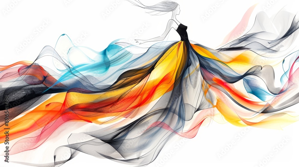 Fabric sketch infused with digital and ink techniques, flowing gown ...