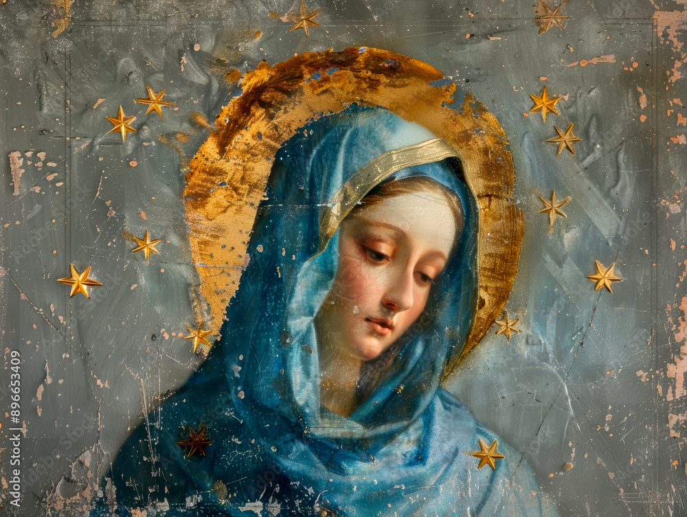 the holy mother, with blue veil, mother mary theme, gold stars around ...