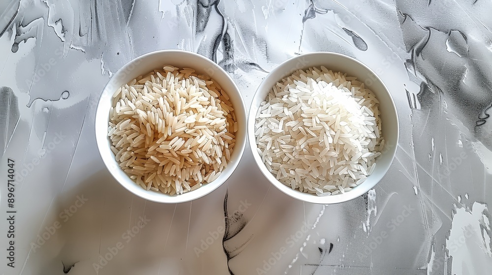 Top view of white and brown rice in separate bowls placed on a marble ...