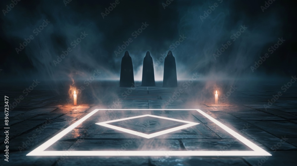 Occult ritual scene with robed figures, glowing sigils on the ground ...
