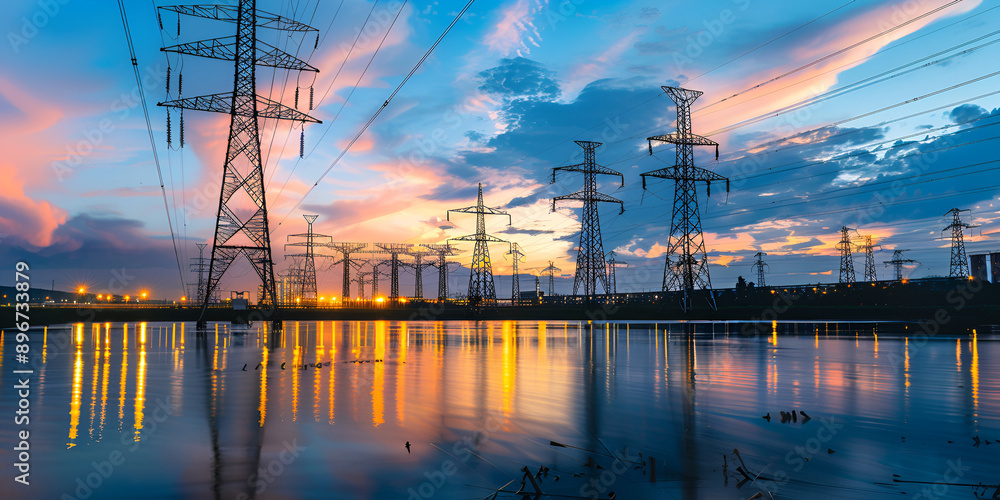 "Power Lines and Electrical Grid at Sunset, High Voltage Towers ...