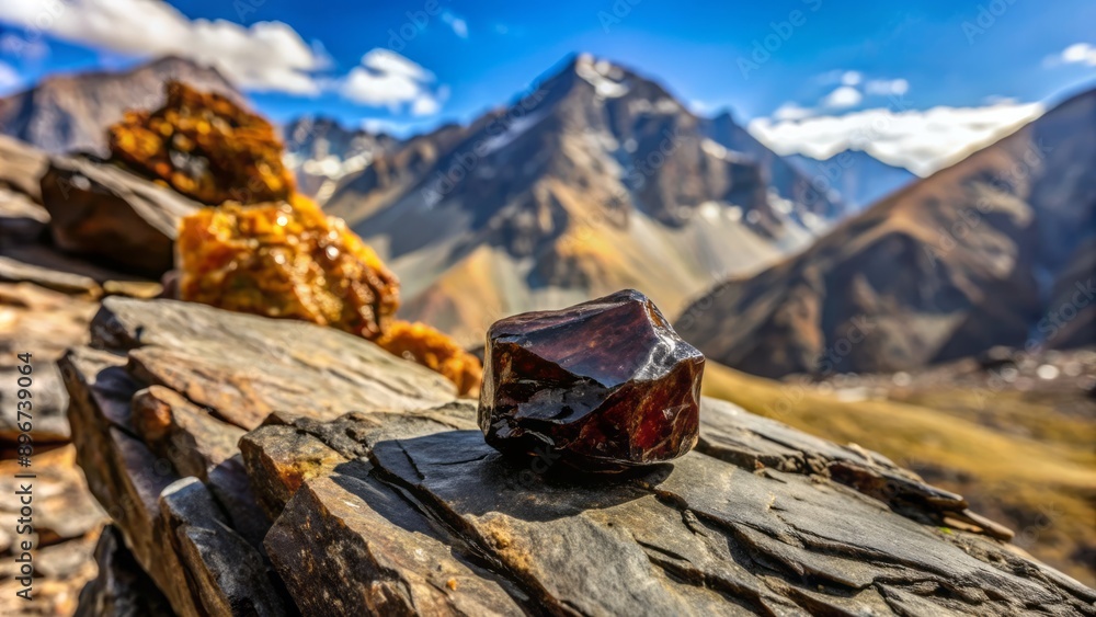 Rich, dark brown Shilajit resin oozes from cracks in rugged, weathered ...