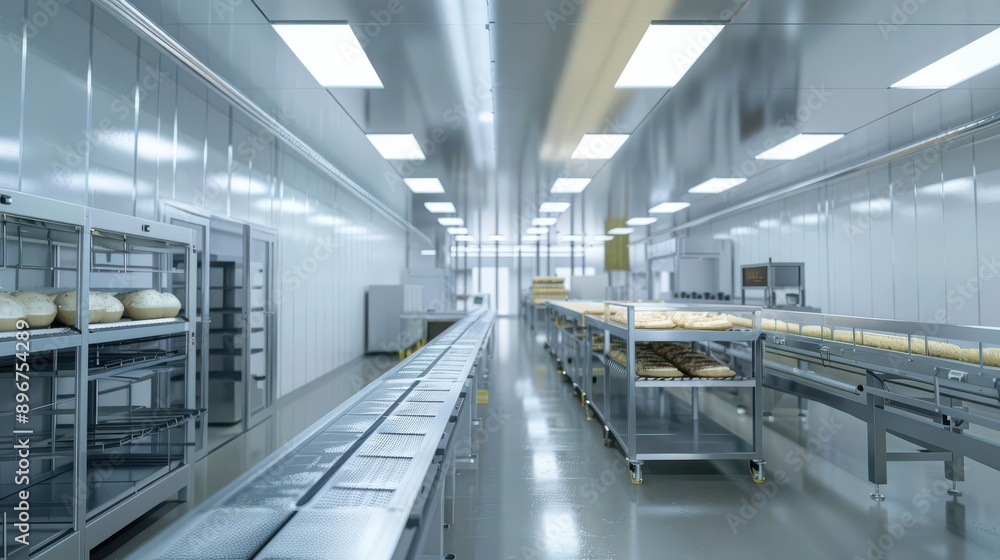 Advanced industrial bakery with automated conveyor belts, production of ...