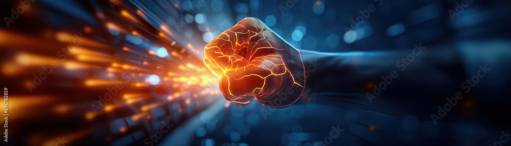 Energetic punch with a glowing clenched fist, shattering a high-tech ...