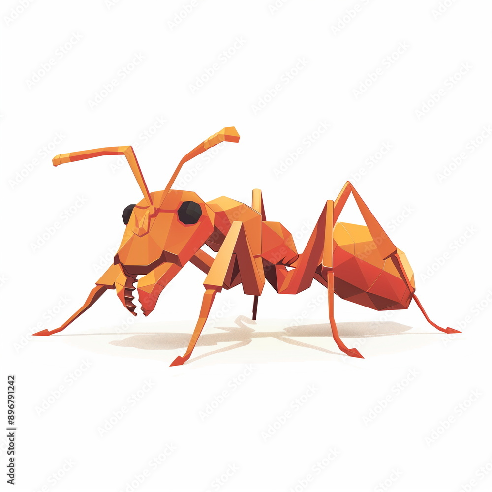 3D rendering of a geometric ant standing on a white background in low ...