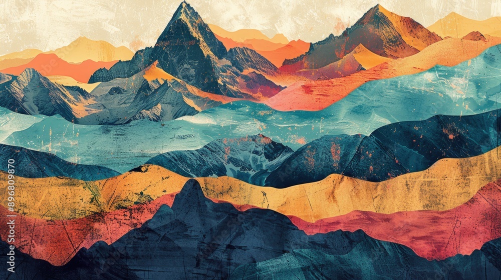Abstract poster design of a mountain landscape, highlighting stylized ...
