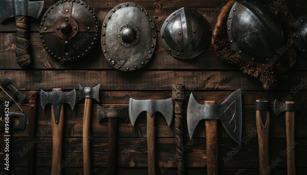 A collection of medieval axes and shields hanging on a wooden wall. The ...