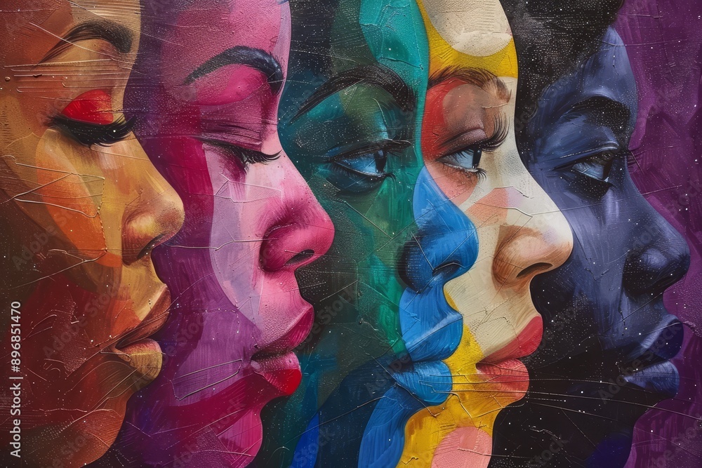 A painting featuring womens faces in various hues, symbolizing ...