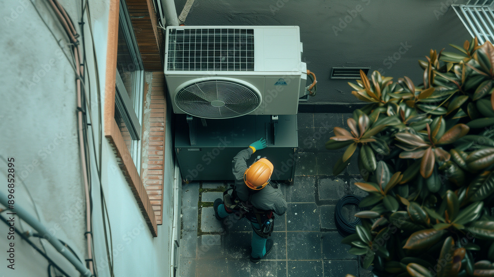 Photograph of a technician repairing the air conditioner from above ...