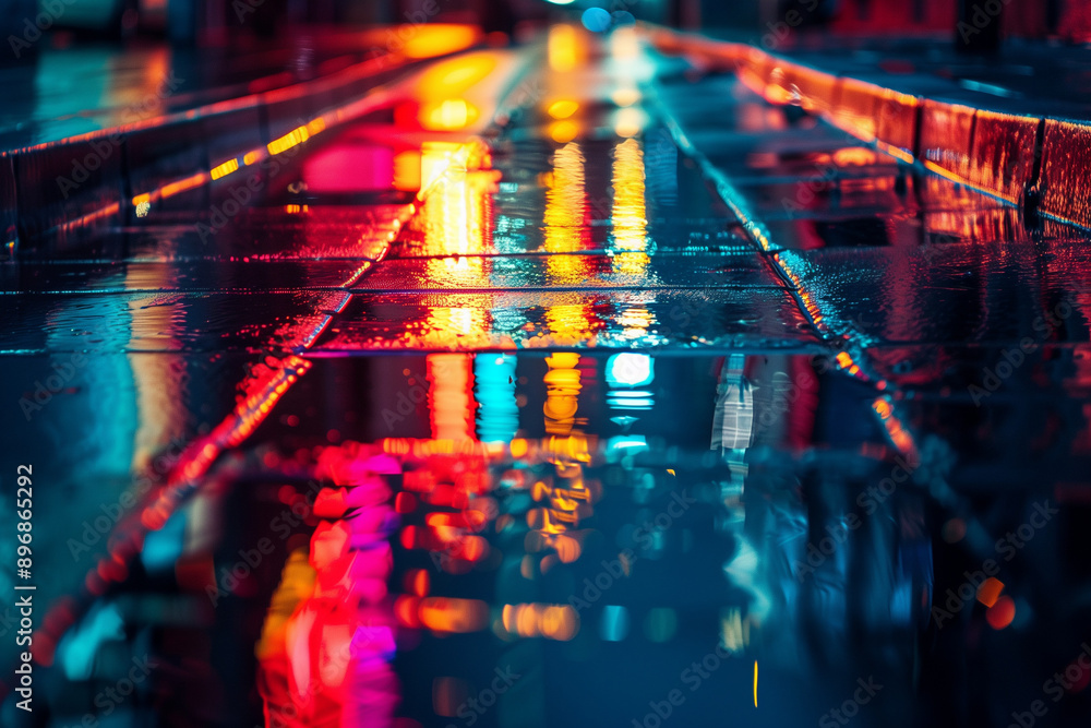 Multi-colored neon lights on a dark city street, reflection of neon ...