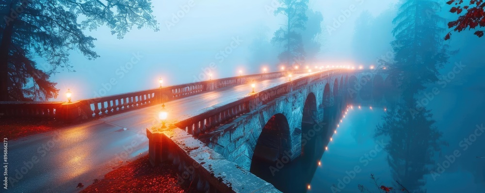 Creepy old bridge covered in mist, ghostly apparitions crossing in the ...