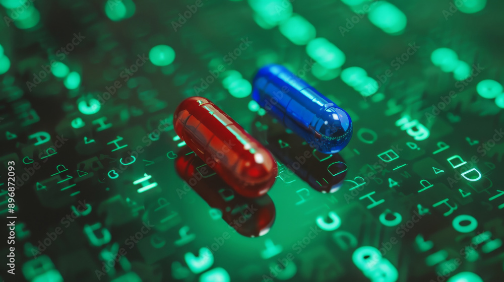 Choice between a red pill and a blue pill concept image on a green data ...