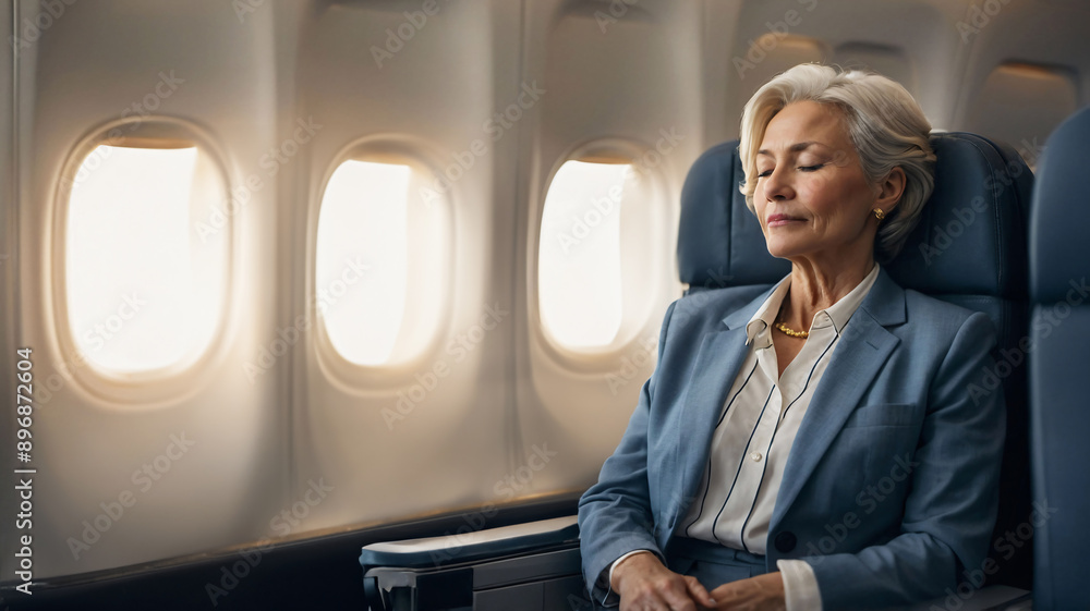 Senior business woman sleeping on plane during flight. Elegant woman ...