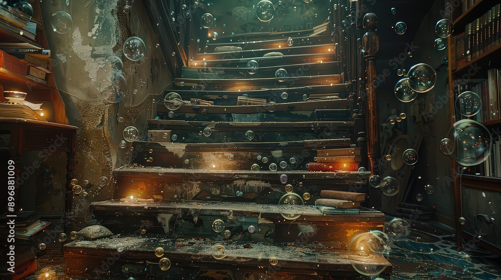 atmospheric scene of an old, dusty staircase in a cluttered library ...