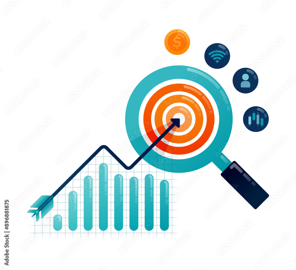 Business illustration of arrow chart increases to hit the aim in ...