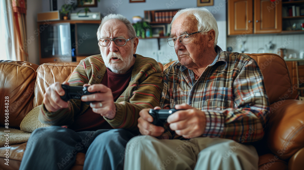 copy space, stockphoto, 2 seniors playing a video game, competition ...