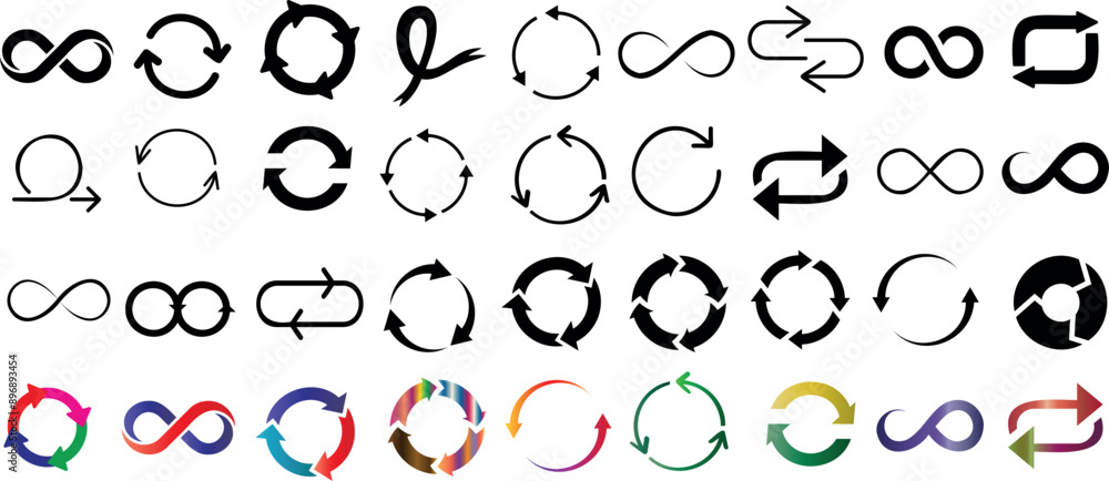 Infinity symbol, loop icon, cycle designs in black and color variations ...