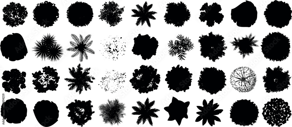 เวกเตอร์ Stock Tree top view silhouette collection, diverse foliage ...