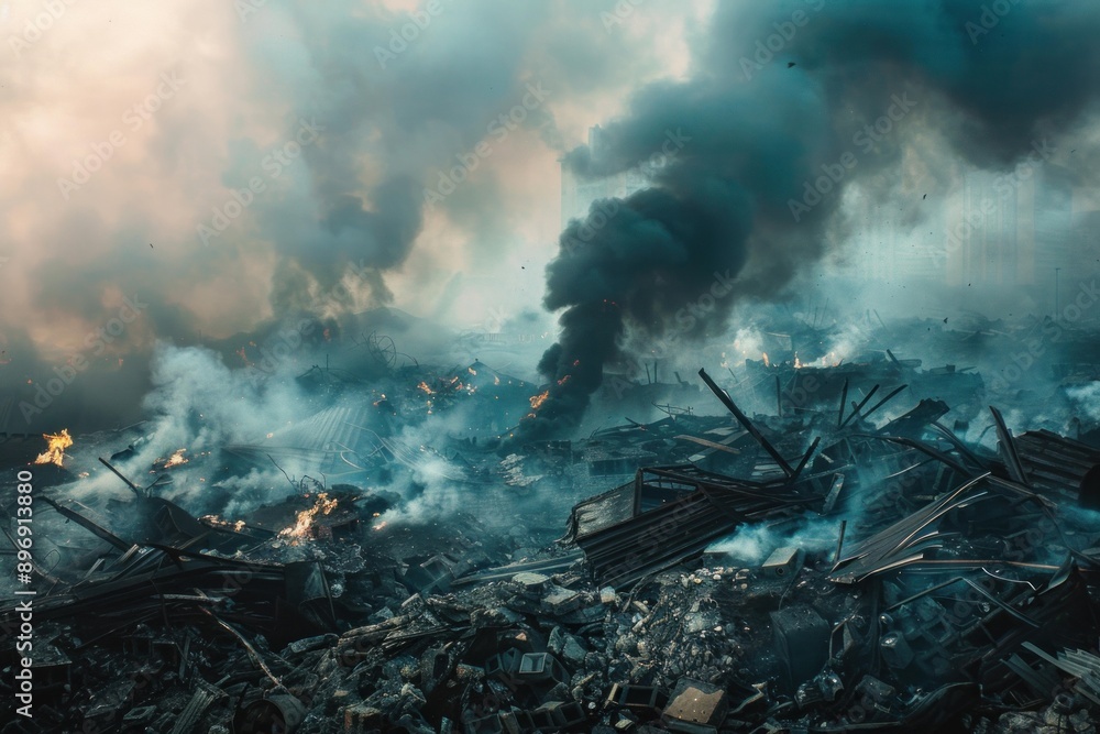 Harrowing scene depicting the smoldering ruins and smoke following a ...