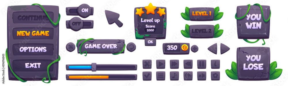 Game ui design kit of borders, plates and buttons with stone texture ...