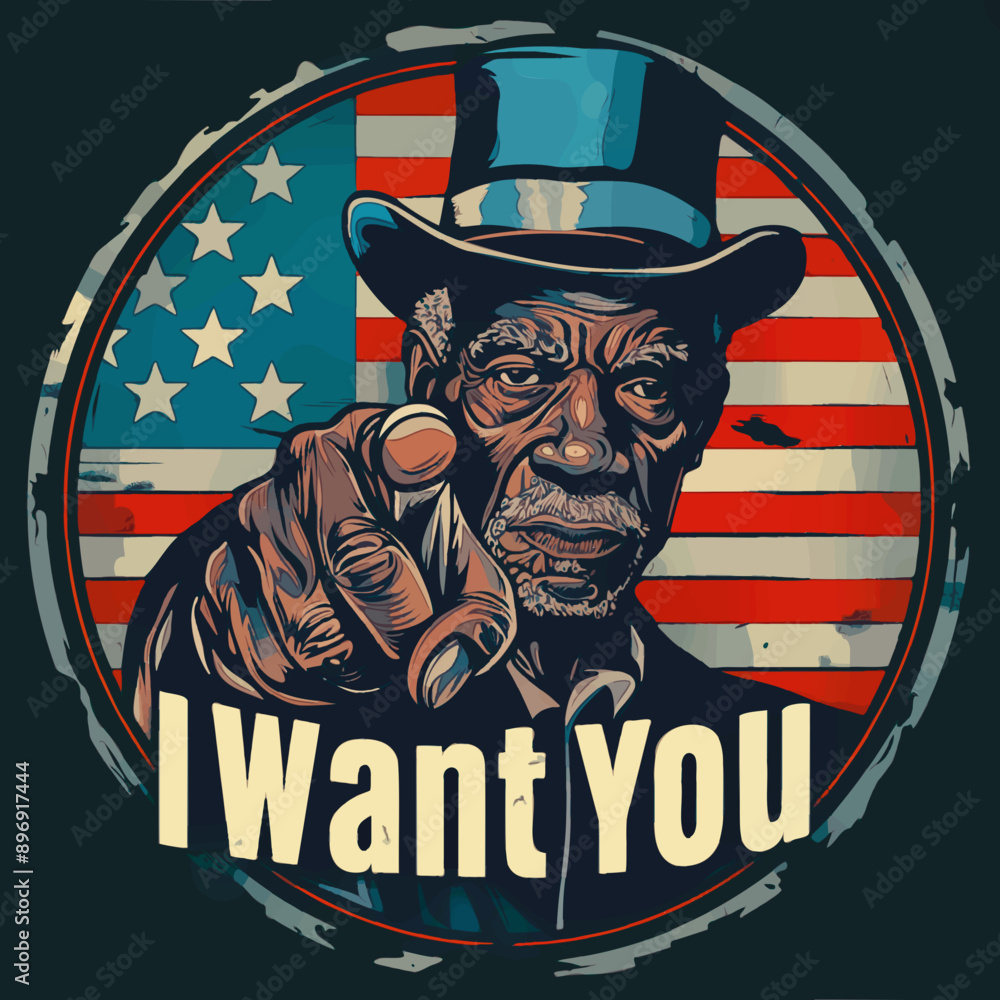 An African American Uncle Sam, pointing forward, with an American flag ...