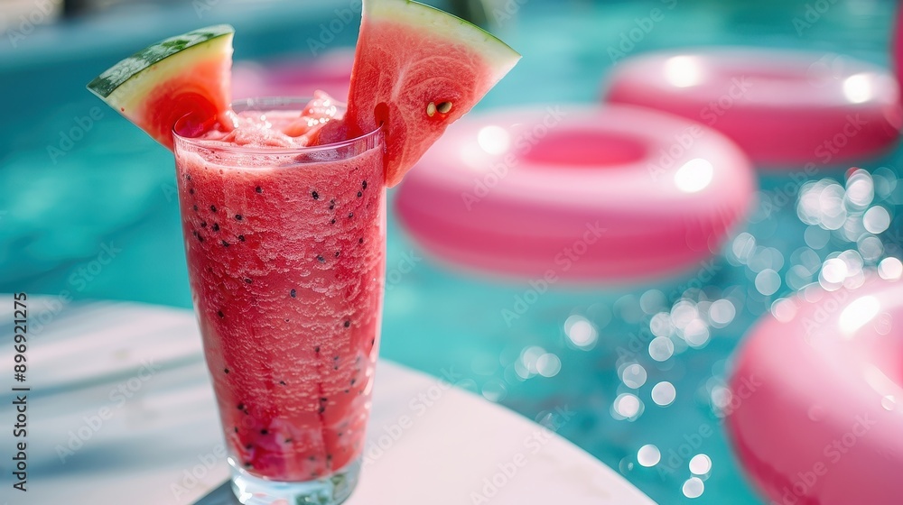 Glass of fresh watermelon smoothie juice drink on border of a swimming ...