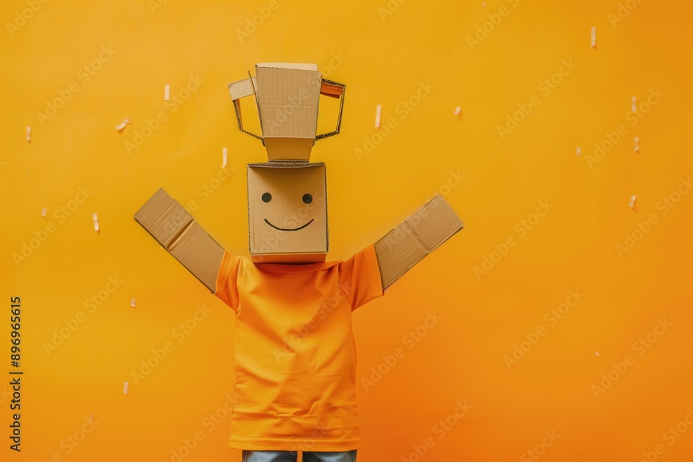Child wearing cardboard costume with smiling face and raised arms ...