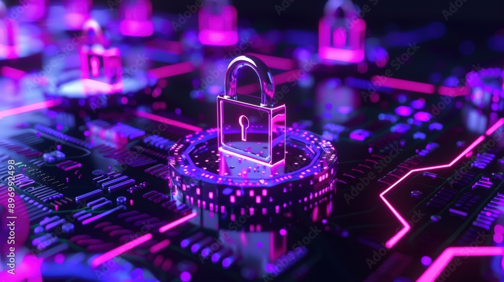 Futuristic cybersecurity concept with a glowing lock symbol on a motherboard. Digital security ...
