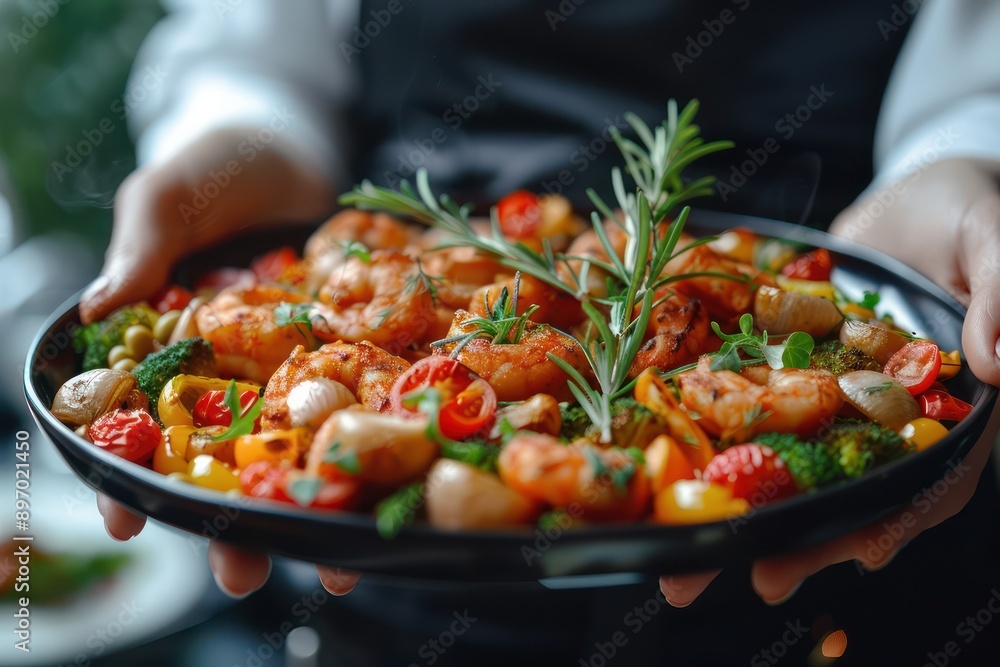 Smiling Chef Serving Delicious Shrimp Scampi with Fresh Herbs and Vegetables, A Culinary ...