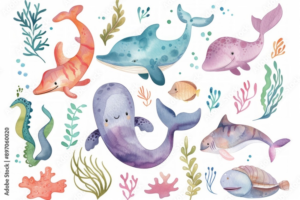 cute hand painted watercolor collage png clip art of various deep sea ...