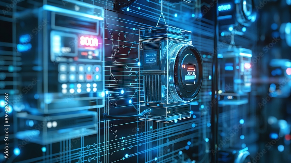 A futuristic energy grid with smart meters, renewable energy ...
