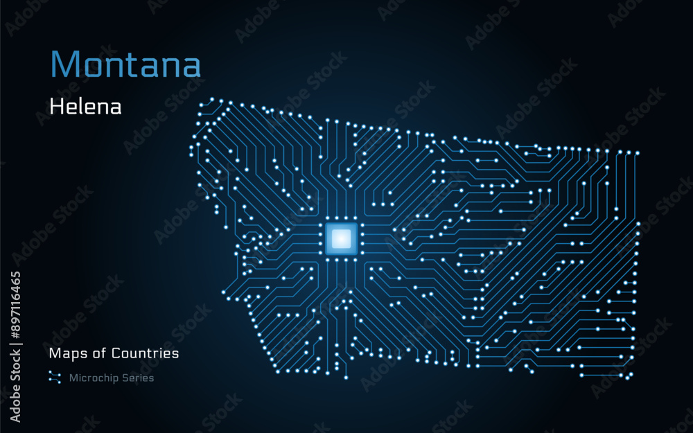 Montana Map with a capital of Helena Shown in a Microchip Pattern ...