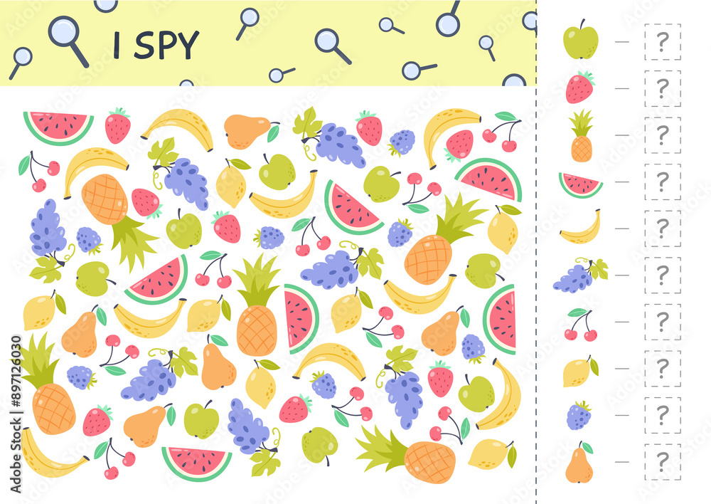 Fruits I spy childrens game. Printable worksheet for preschool children ...