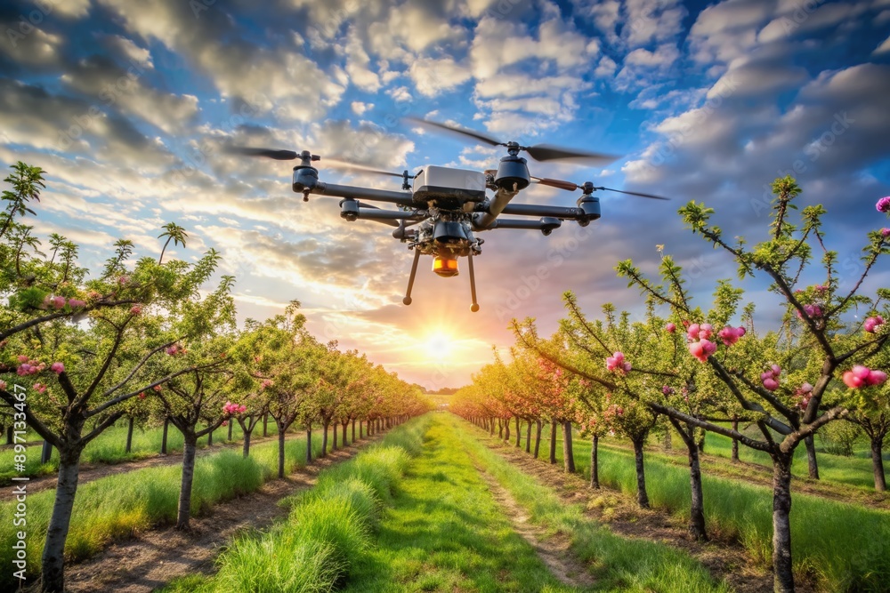 High-tech drones equipped with advanced multispectral cameras soar over lush orchards, capturing ...
