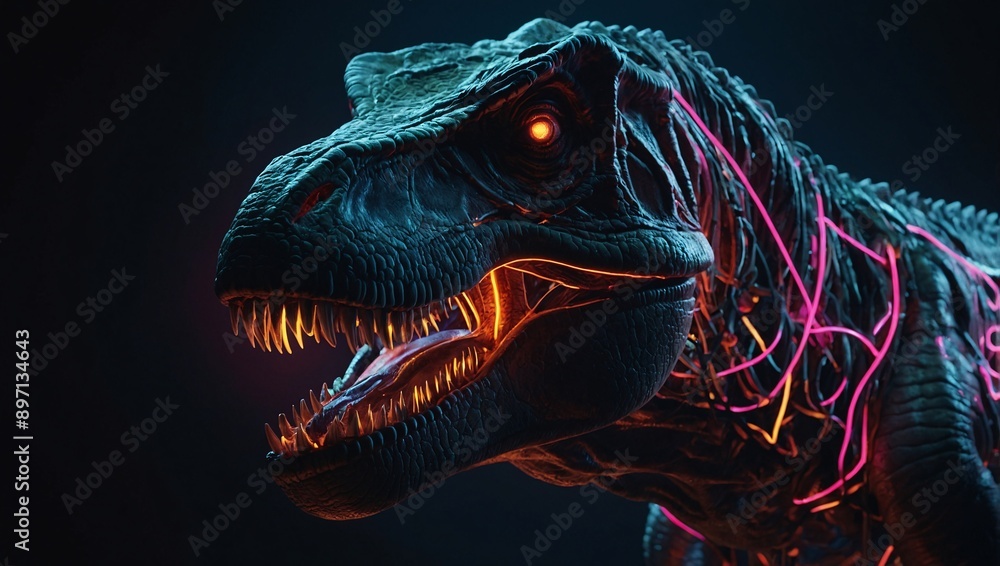 HD 4K wallpaper featuring a T-Rex with neon plexus and glowing laser ...