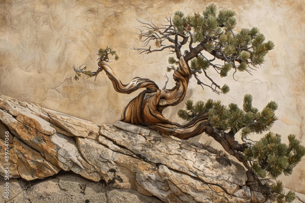 Gnarled bristlecone pine tree growing on a rock face, showing the ...