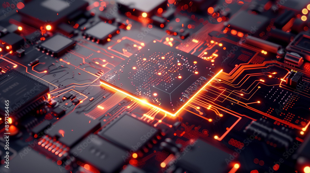 Powerful Quantum AI processor unit on a PCB motherboard with glowing ...