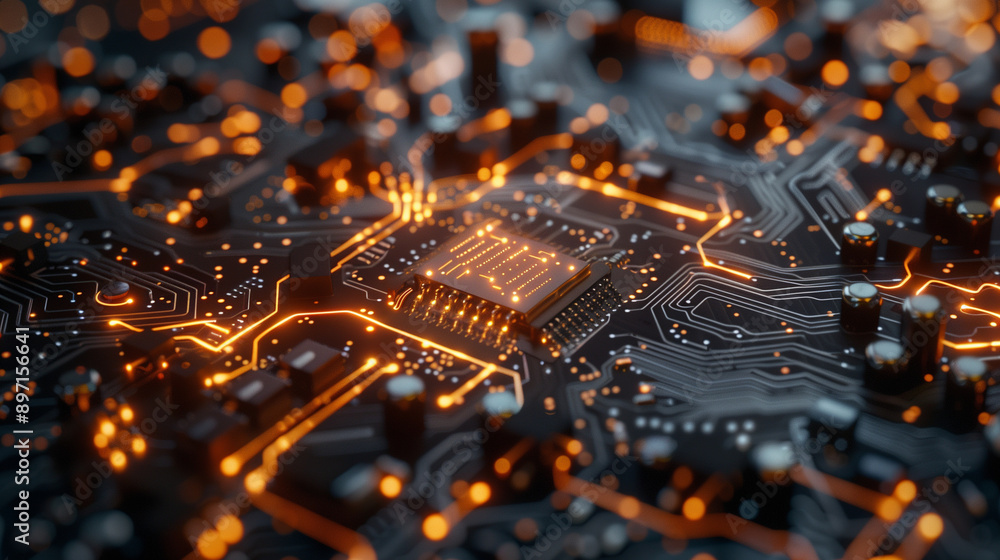Quantum AI chip integrated on a high-tech PCB with flowing digital data ...