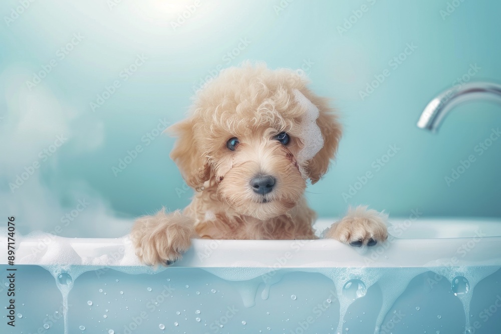 Wet apricot poodle in a pool with paws on edge. Close-up pet portrait ...