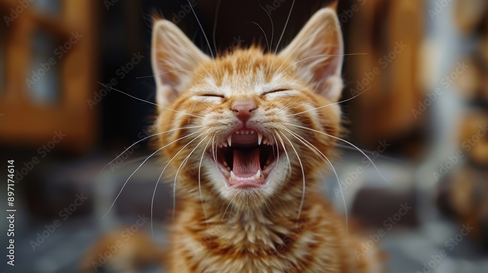 An adorable orange tabby kitten with its eyes closed and mouth open ...