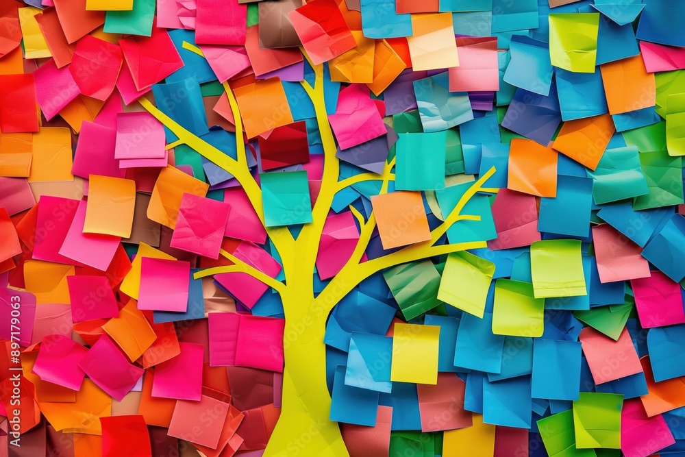 Colorful tree made of adhesive sticky notes. Creative idea workspace ...