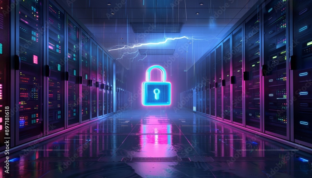 Data center with multiple computer cabinets and rows of wires Stock ...