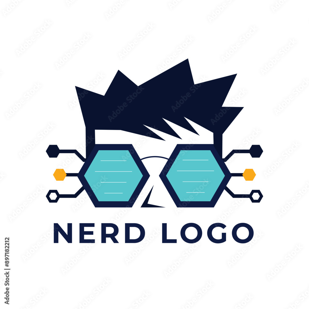 Geek or nerd tech logo vector. Cartoon face smart boy with glasses ...