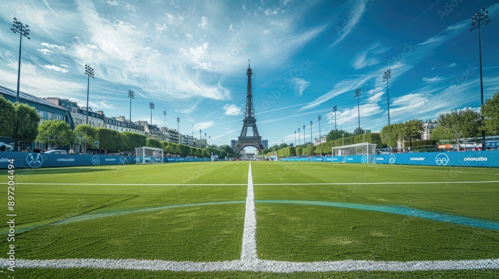 Empty soccer field with Paris 2024 Olympics signage and the Eiffel ...