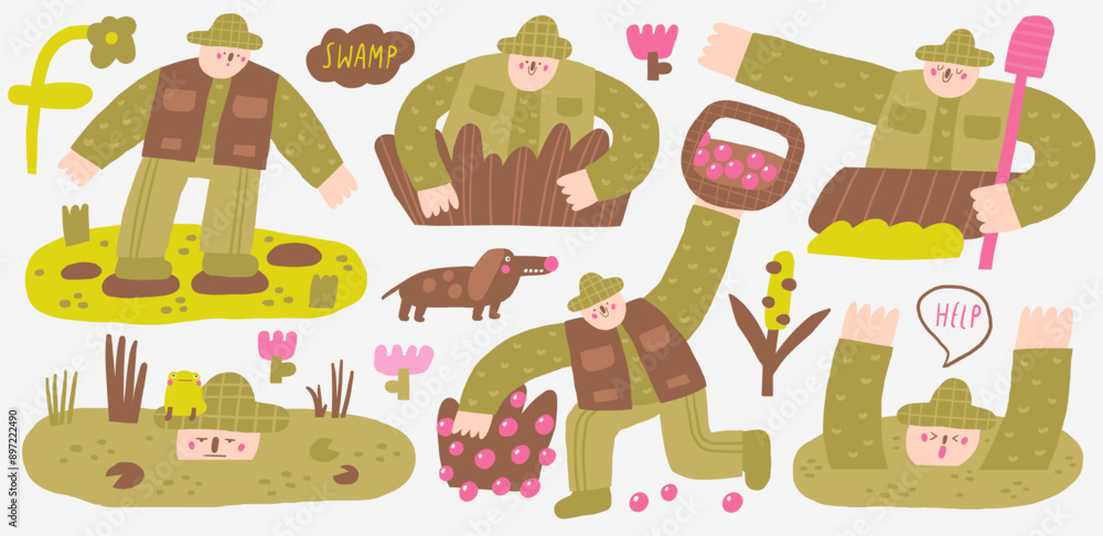 Stock-Vektorgrafik „Cute swamp funny hand drawn doodle people set with ...