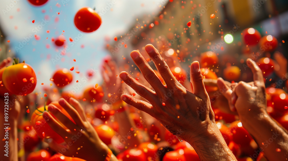 Hand throwing tomatoes at La Tomatina festival, bright red tomatoes ...