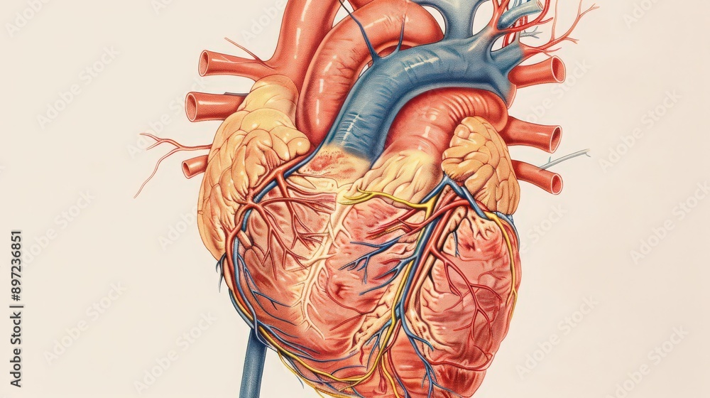 Detailed illustration of the human heart with labeled chambers, valves ...